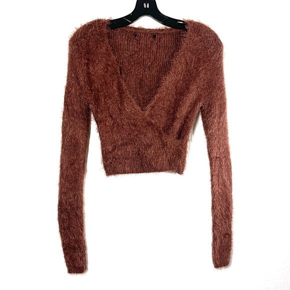 Sweaters | Brown Fuzzy Furry Faux Wrap Crop Sweater | Poshmark
